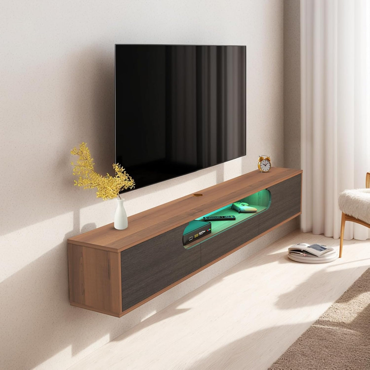 Custom Floating TV Stand Shelf with LED & Drawer for 50-100 Inch TV