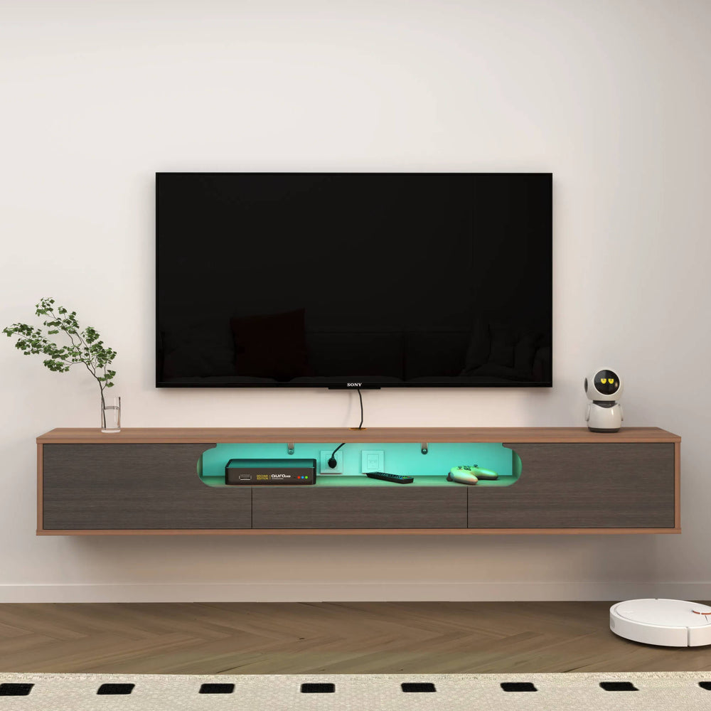 Walnut Wooden Floating TV Shelf for 65-Inch TV with LED & Drawer