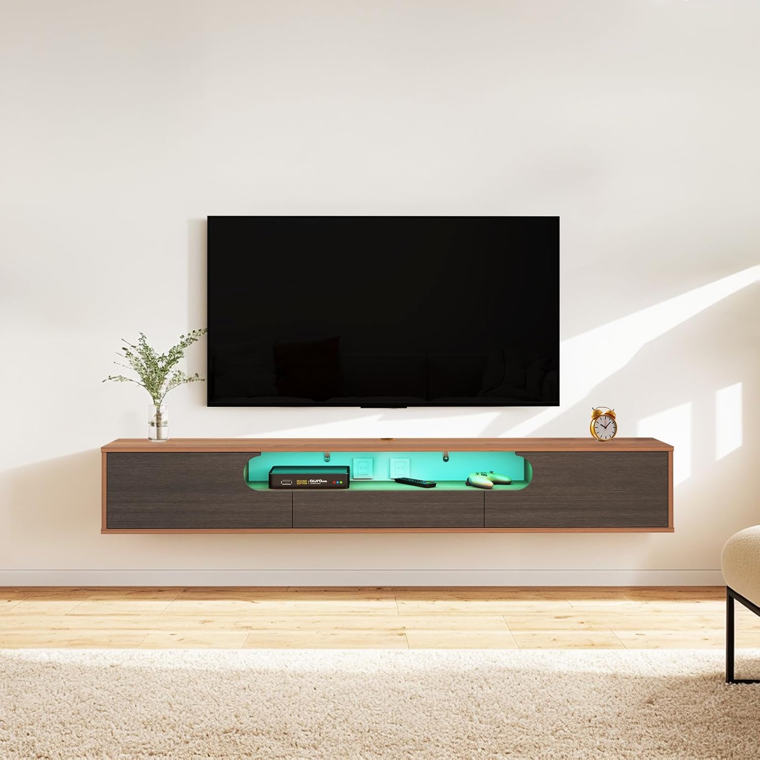 Walnut Wooden Floating TV Shelf for 65-Inch TV with LED & Drawer
