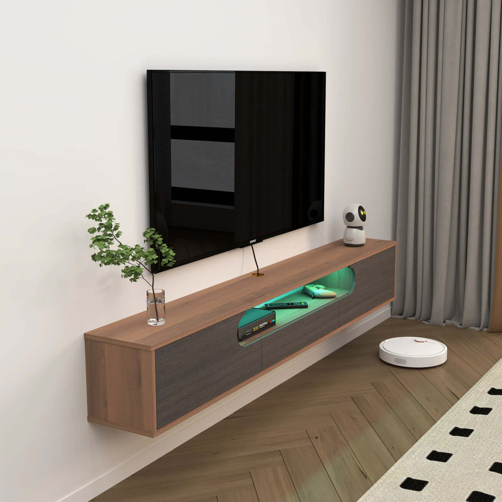 Walnut Wooden Floating TV Shelf for 65-Inch TV with LED & Drawer