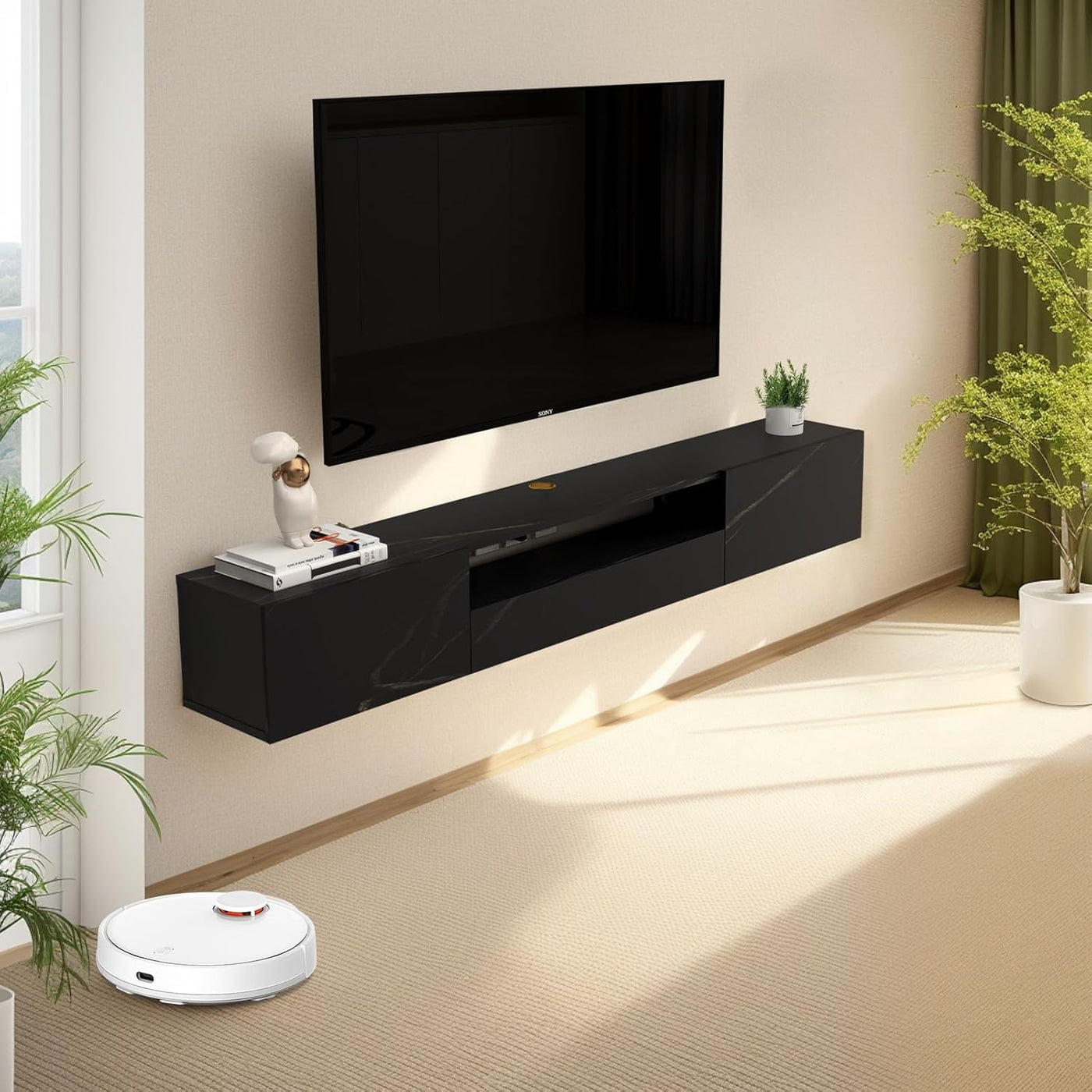 Custom Black White Floating TV Stand with Cabinet Door & Drawer