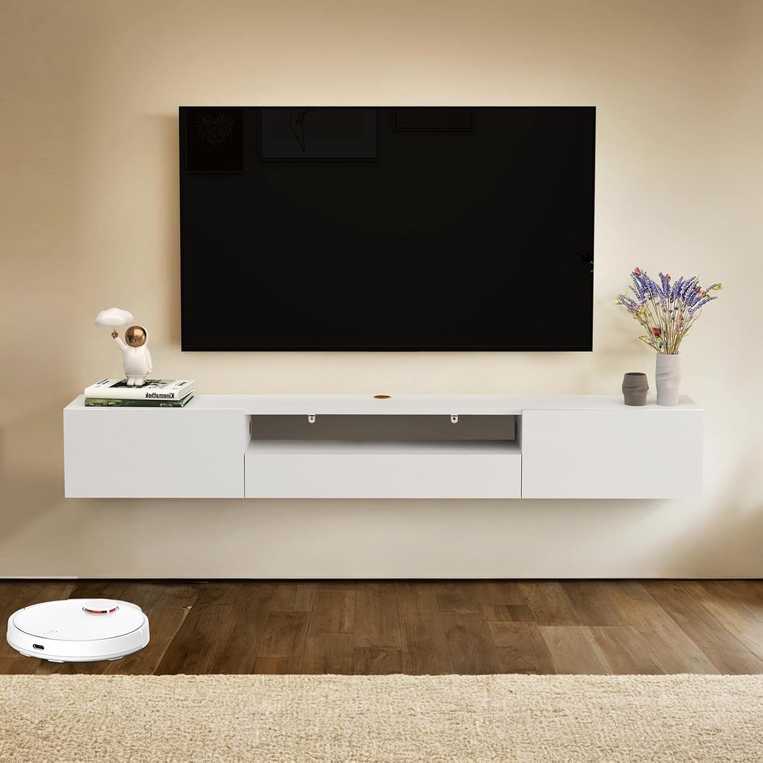 Custom Black White Floating TV Stand with Cabinet Door & Drawer