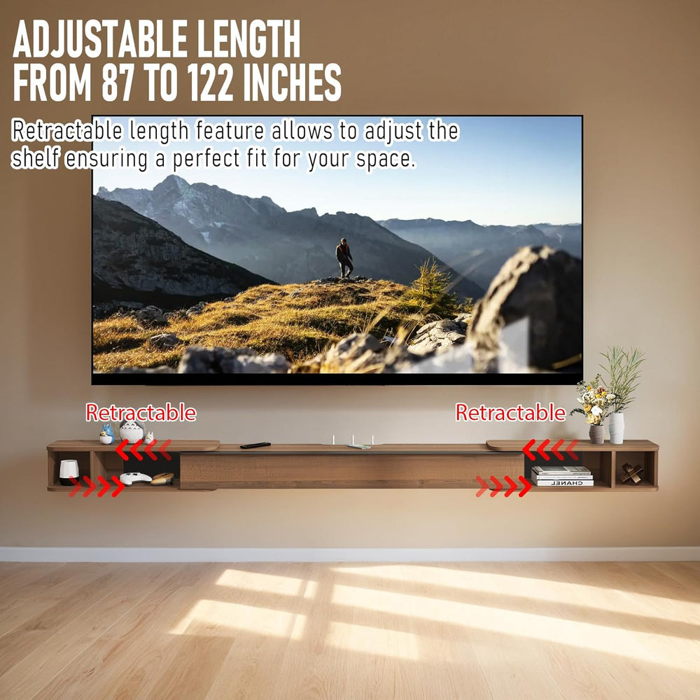 87"- 122" Retractable Floating TV Stand for 85-100 Inch TV , Walnut