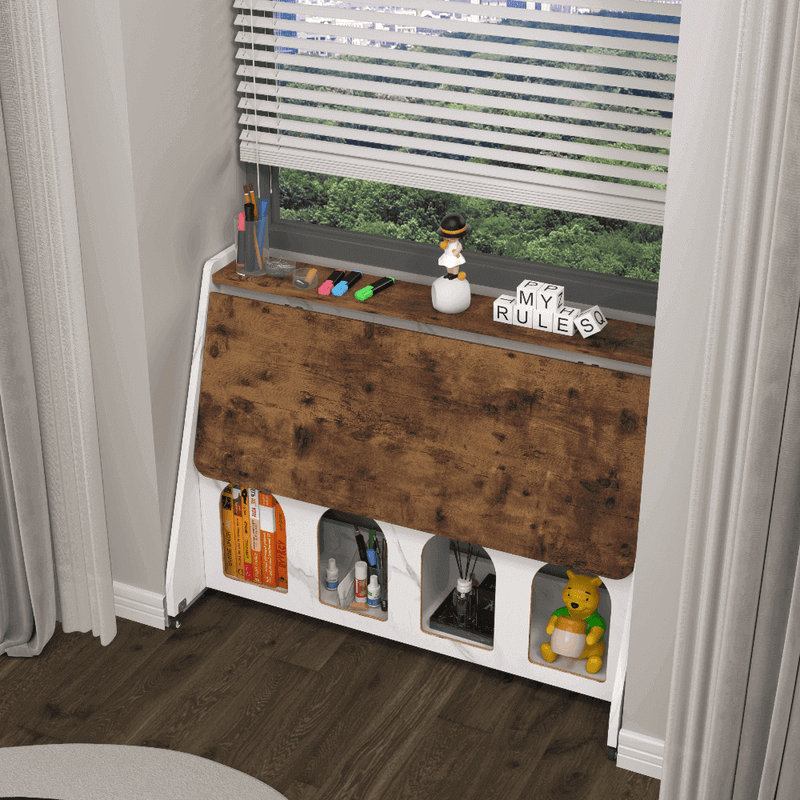 Custom Wooden Window Desk with Storage Cubbies, Entryway Mudroom Bench