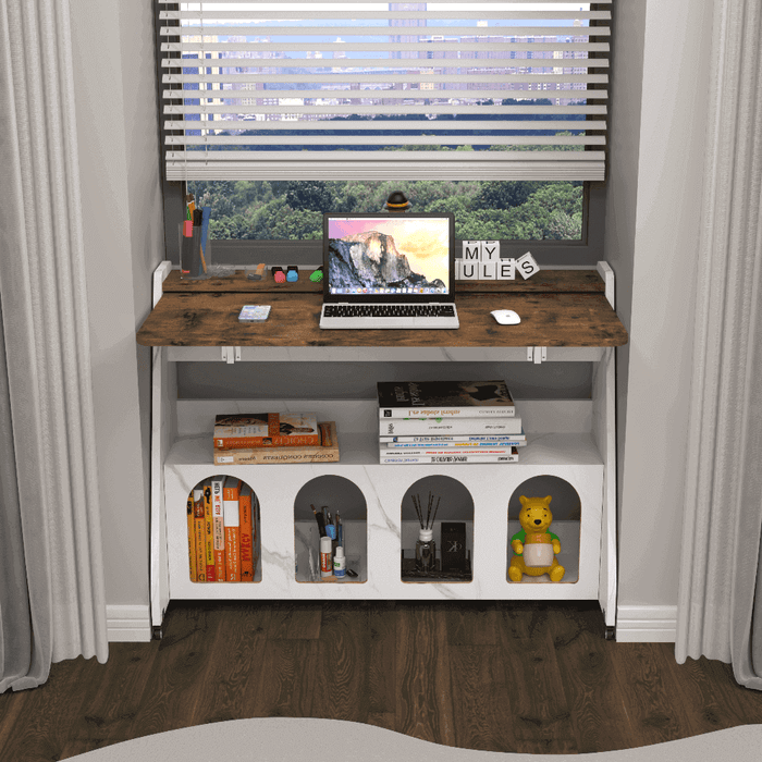 Custom Wooden Window Desk with Storage Cubbies, Entryway Mudroom Bench