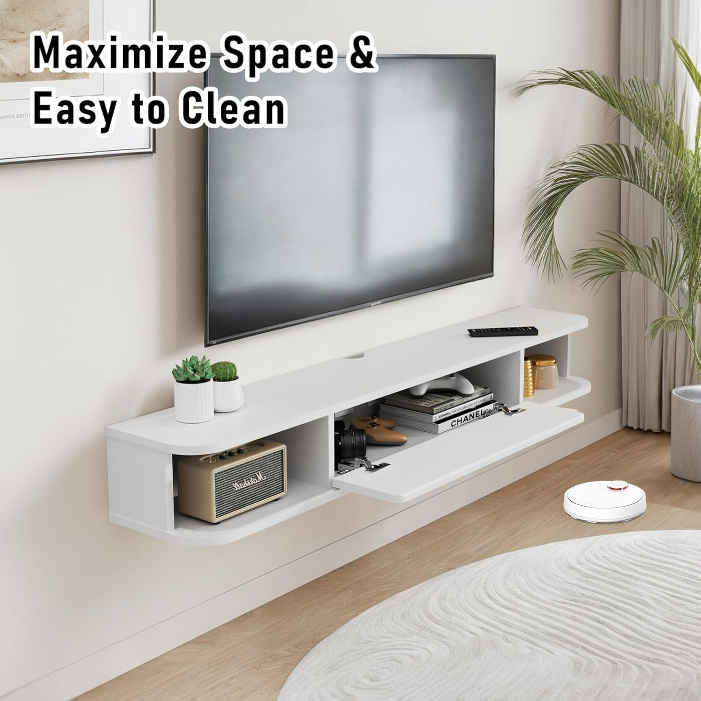 Custom Modern Black Wood Floating TV Stand with Open Shelves & Drawer