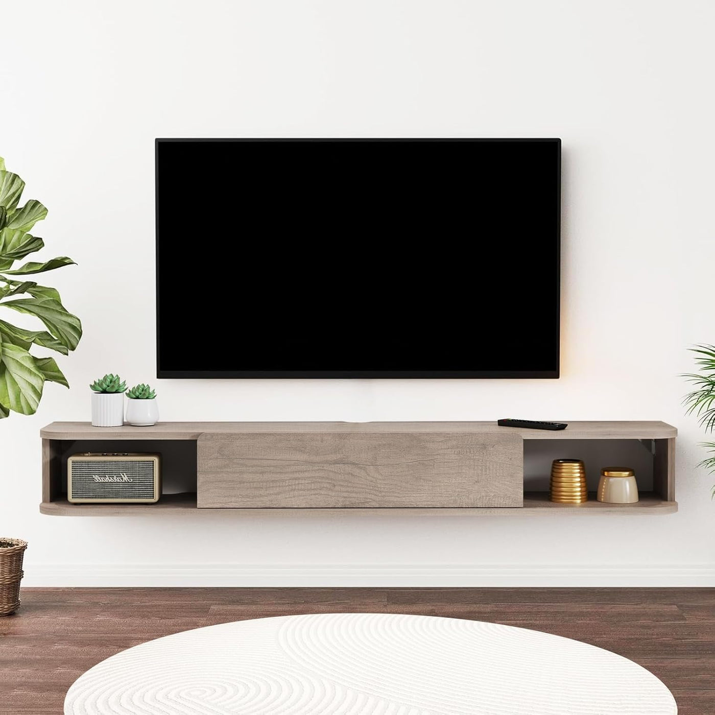 Custom Modern Black Wood Floating TV Stand with Open Shelves & Drawer