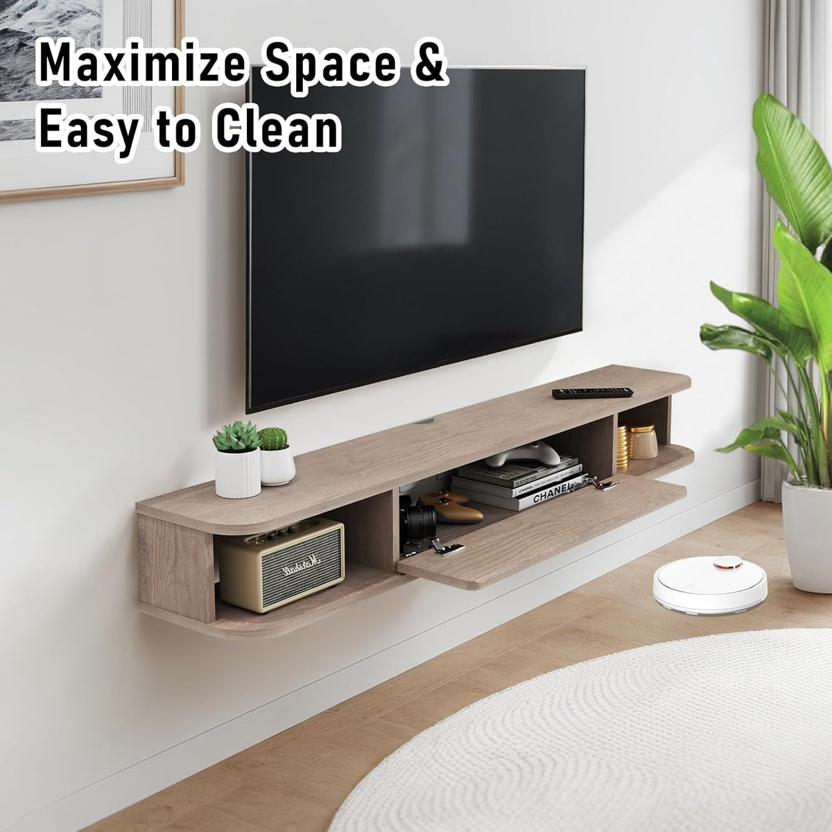 Custom Modern Black Wood Floating TV Stand with Open Shelves & Drawer