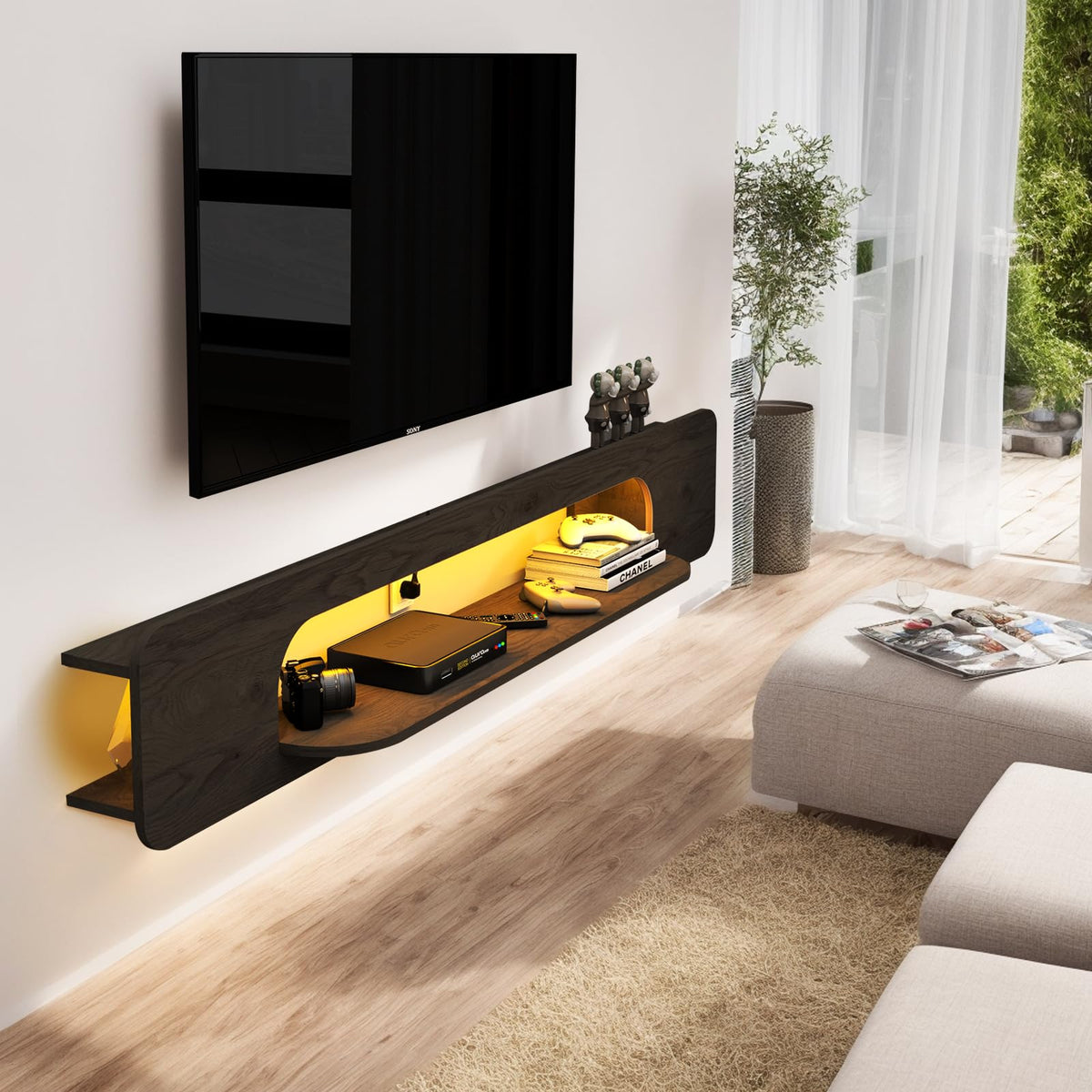 Custom Floating TV Stand with Shelf & LED Lights for 32-100 Inch TVs