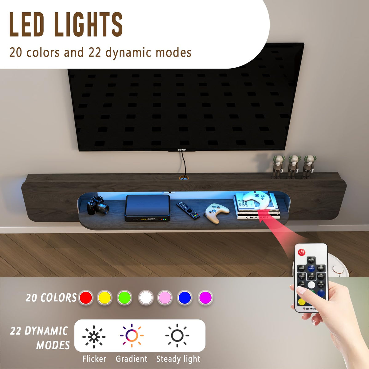 Custom Floating TV Stand with Shelf & LED Lights for 32-100 Inch TVs