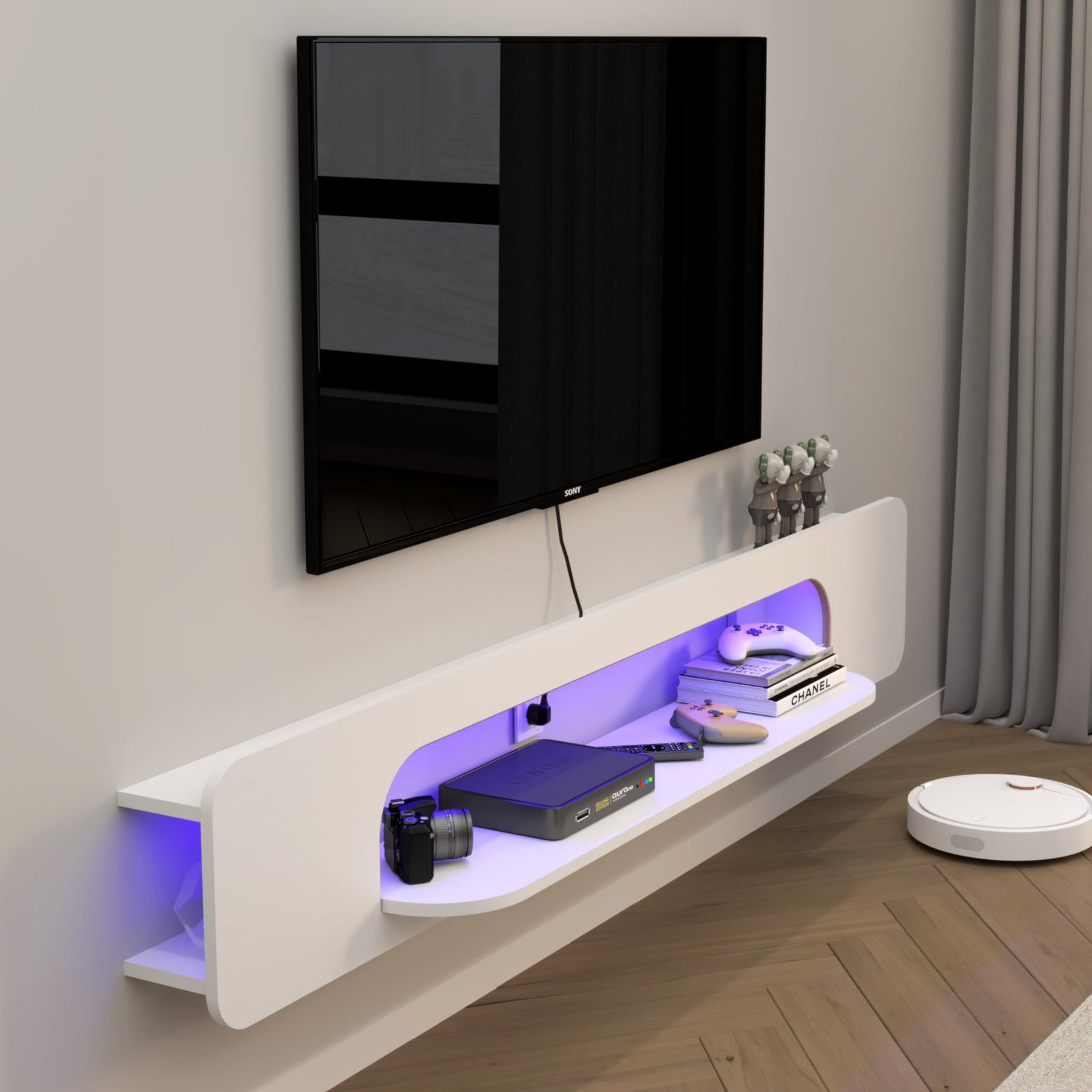White Wood Floating TV Stand with Shelf & LED Lights for 75" 80" TV