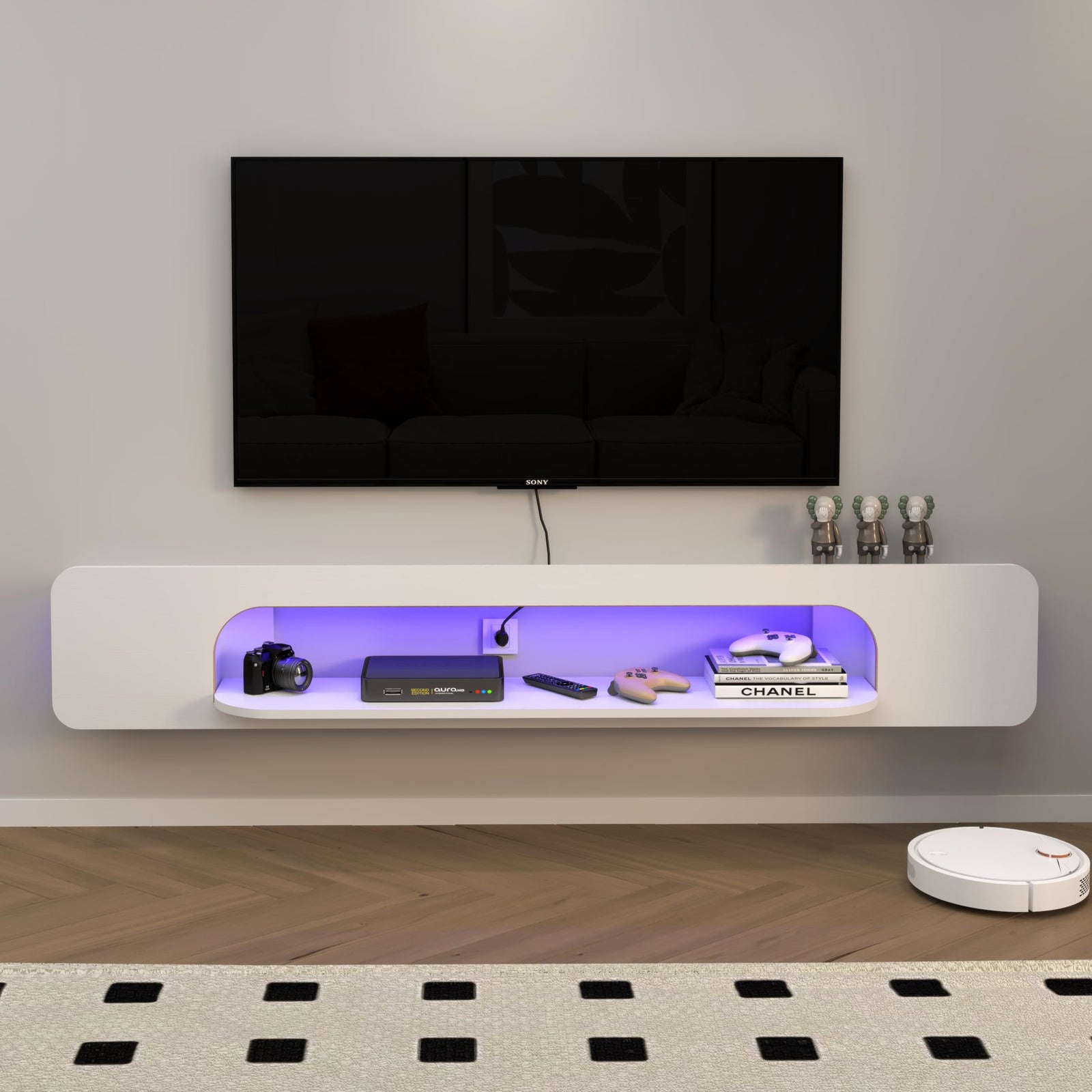 Custom Floating TV Stand with Shelf & LED Lights for 32-100 Inch TVs