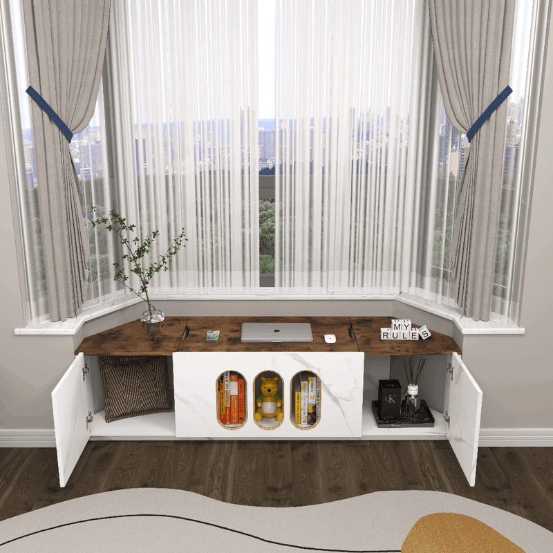 Custom Wooden Window Desk with Storage Cubbies, Entryway Mudroom Bench