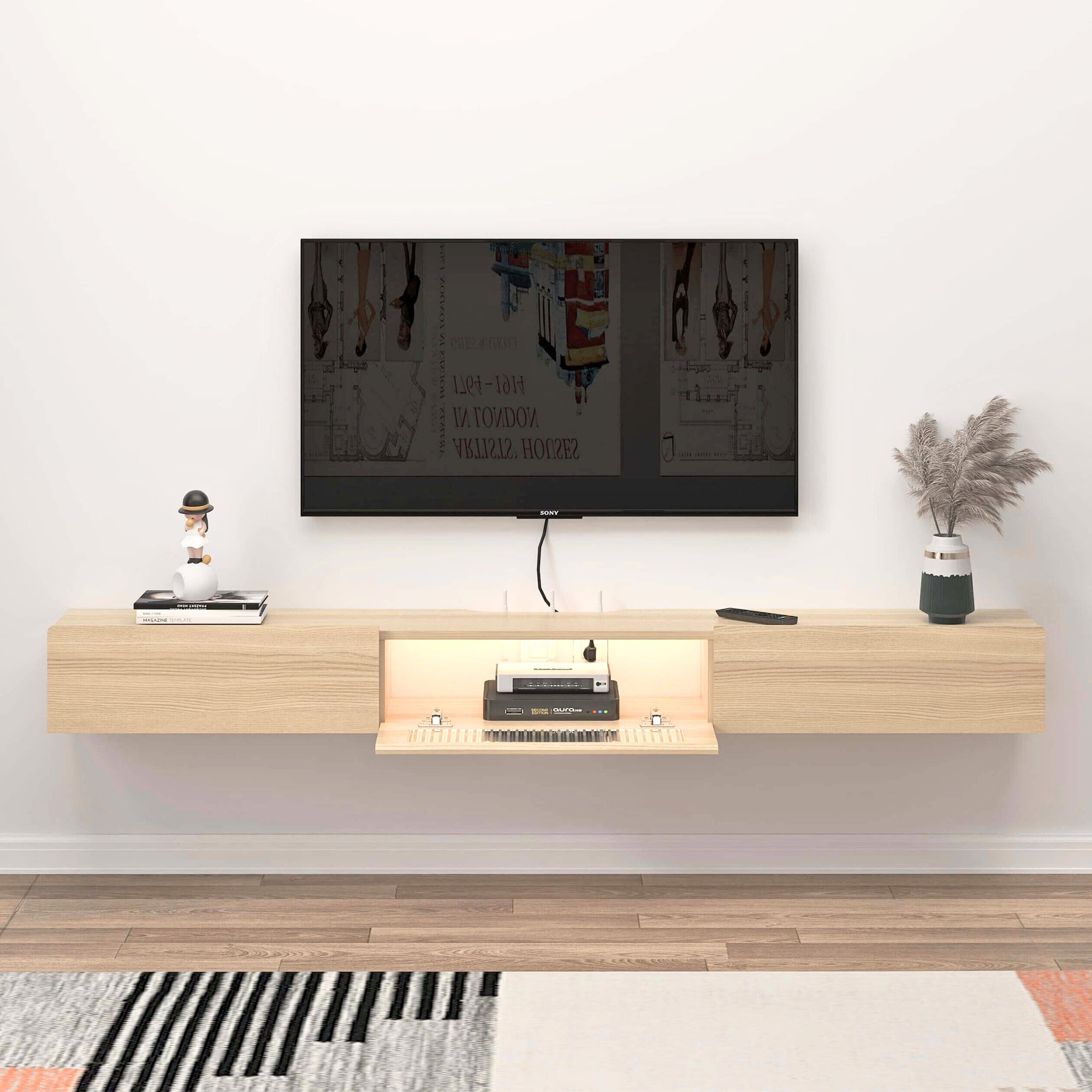 Customize Light Oak Floating TV Stand Wall Shelf with LED Lights and ...
