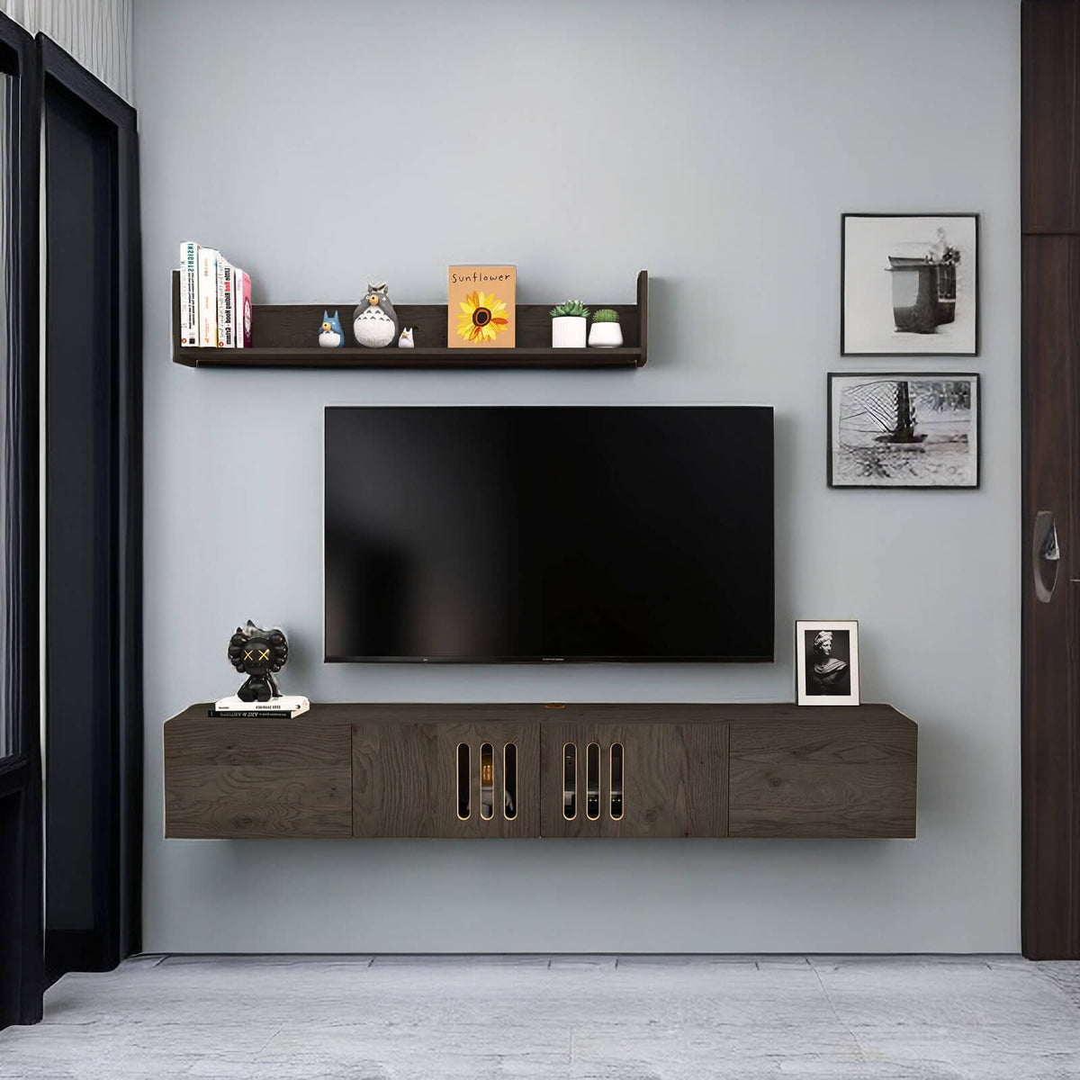 Modern Dark Grey Wood Floating TV Cabinet for 85" 90" TVs & Above Shelf