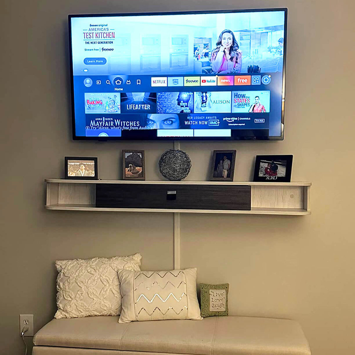 Modern White Plywood Slim Floating TV Stand Wall Shelf for 75" 80" TV