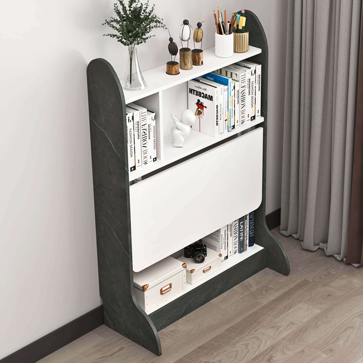 Plywood Wall Mountable Desk with Fold Up Table & Storage Shelves