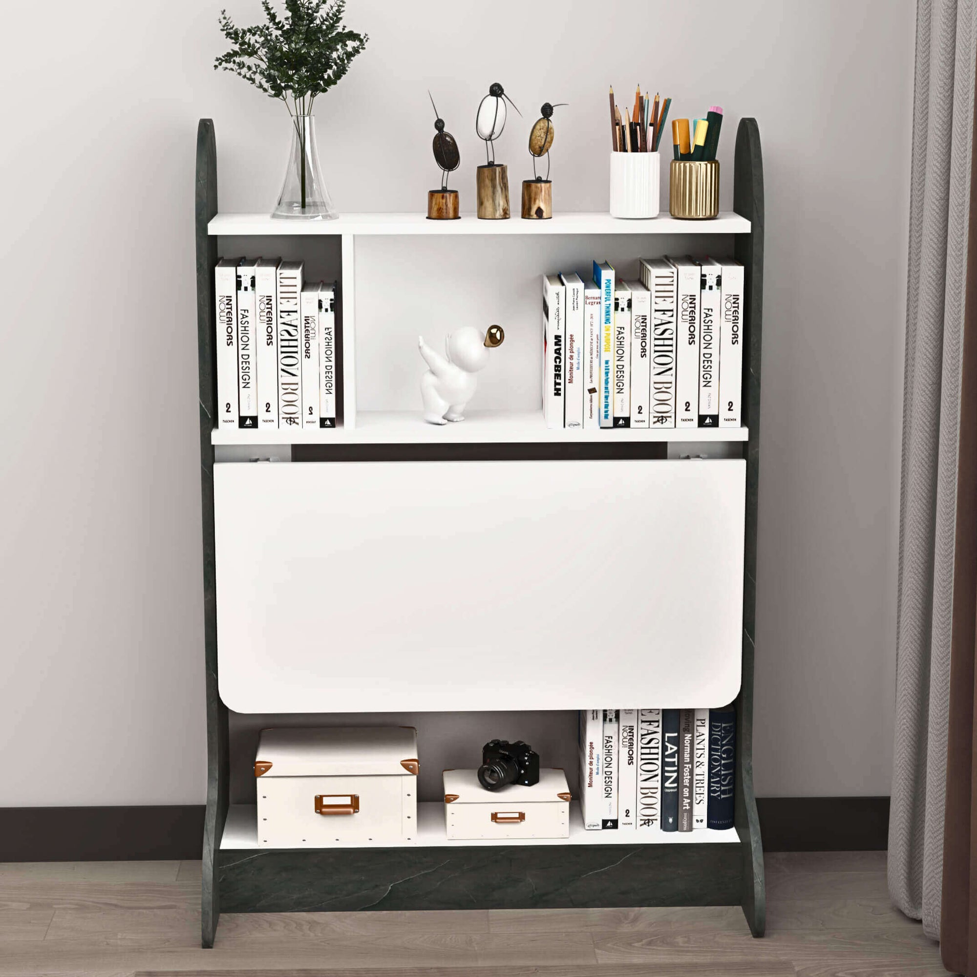 Plywood Wall Mountable Desk with Fold Up Table & Storage Shelves