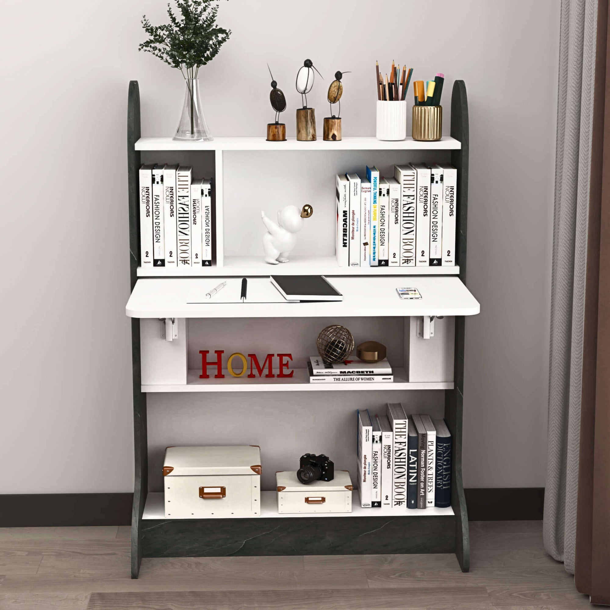 Plywood Wall Mountable Desk with Fold Up Table & Storage Shelves