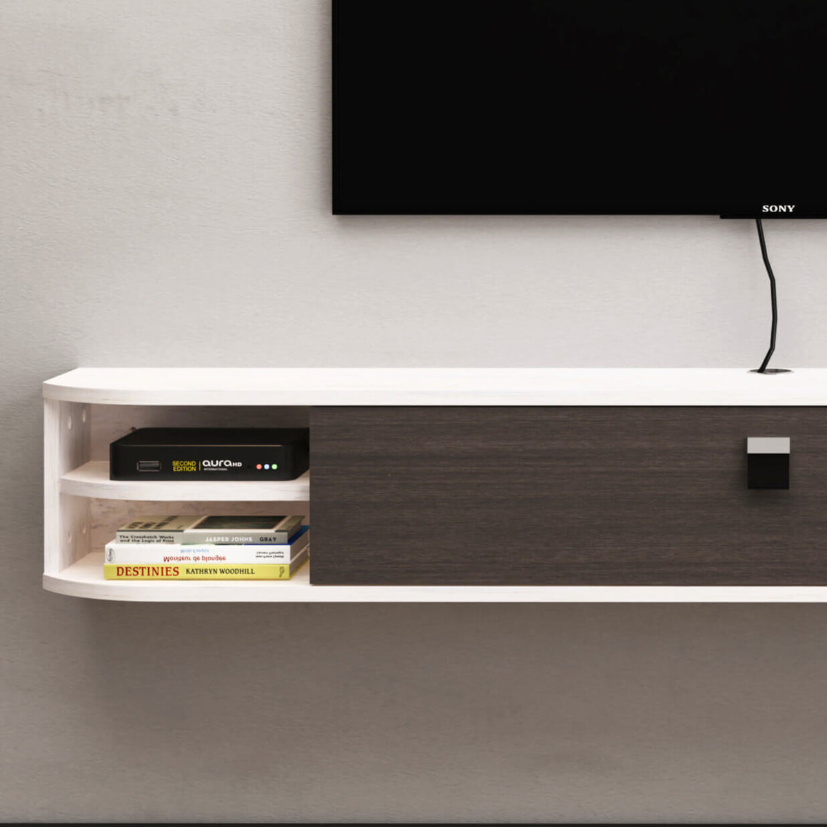 Off White Plywood Floating TV Shelf with Storage Cubbies for 75" 80"