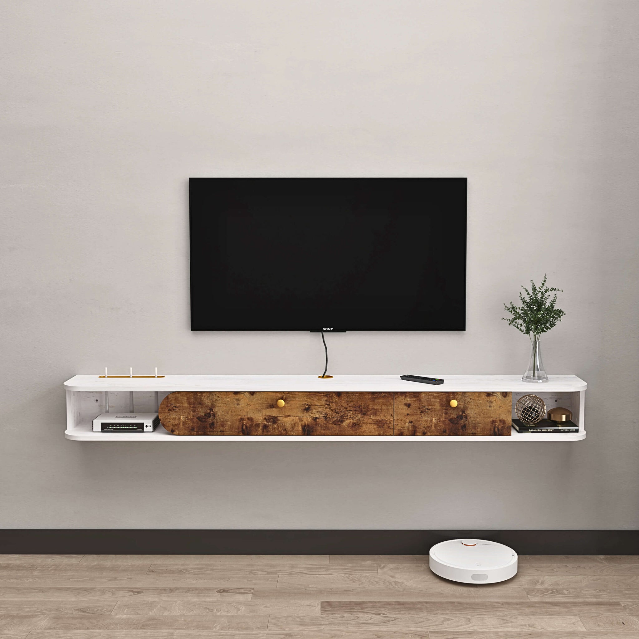 Custom Rustic Brown White Modern Floating TV Stand with Drawer