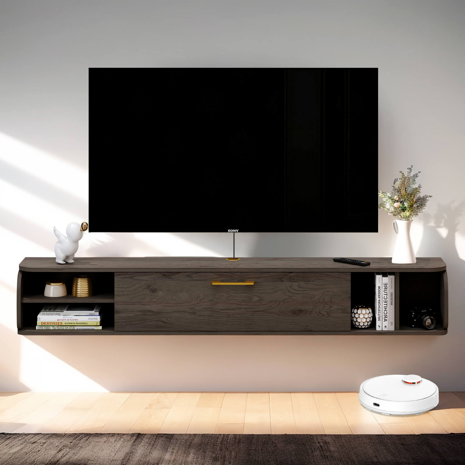 Rustic Wood Floating TV Stand with Gold Accent for 75" 80" Televisions ...