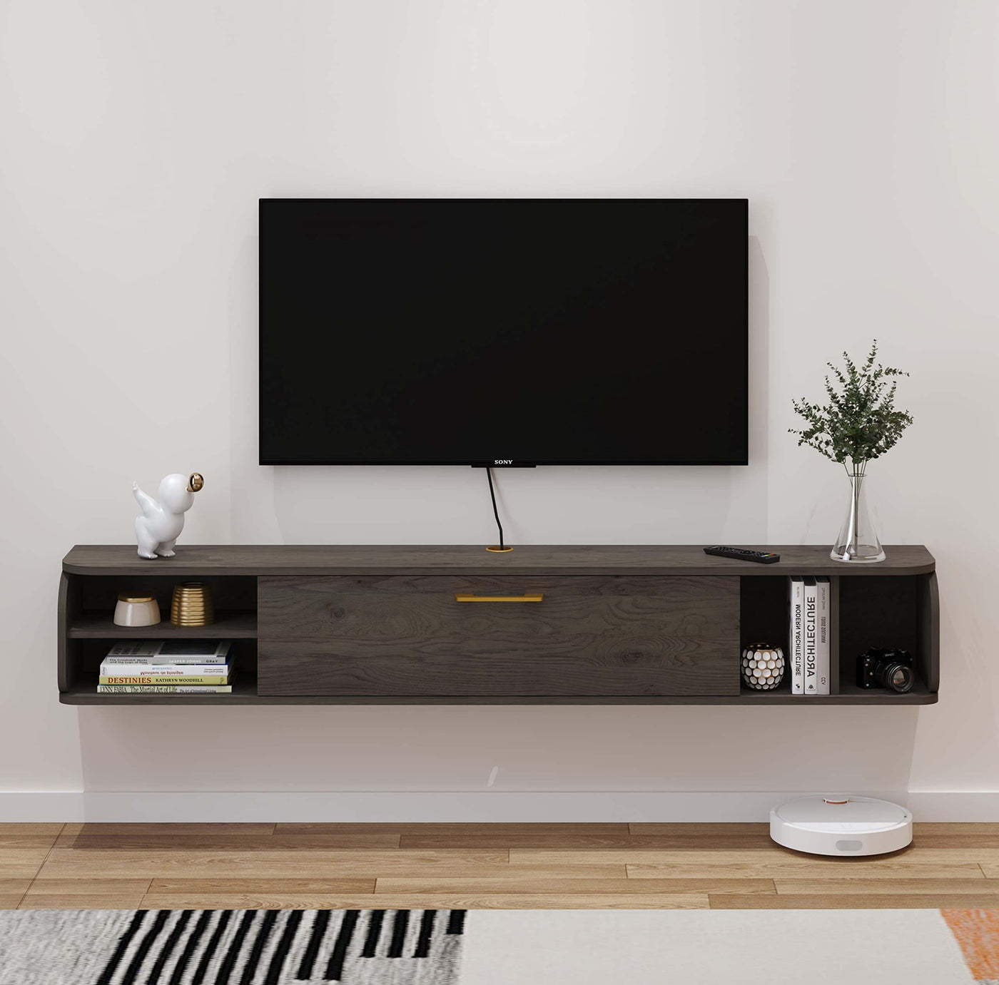 Rustic Wood Floating TV Stand with Gold Accent for 90-100 Inch ...