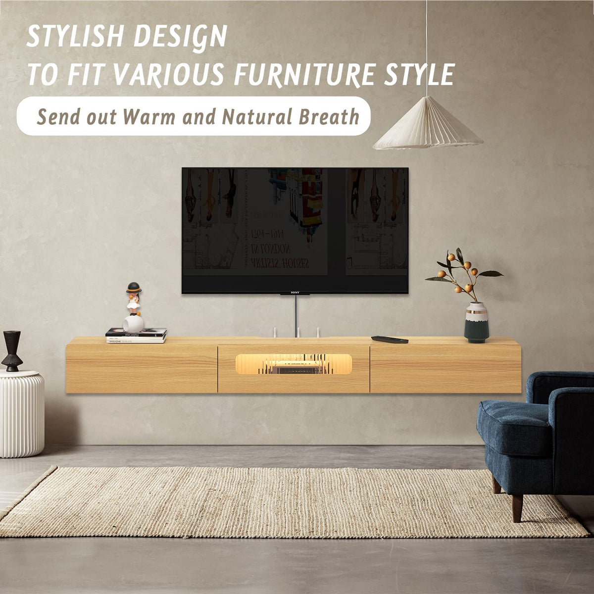 Modern Wood Floating TV Standwith LED Lights and Drawers for 65" TVs