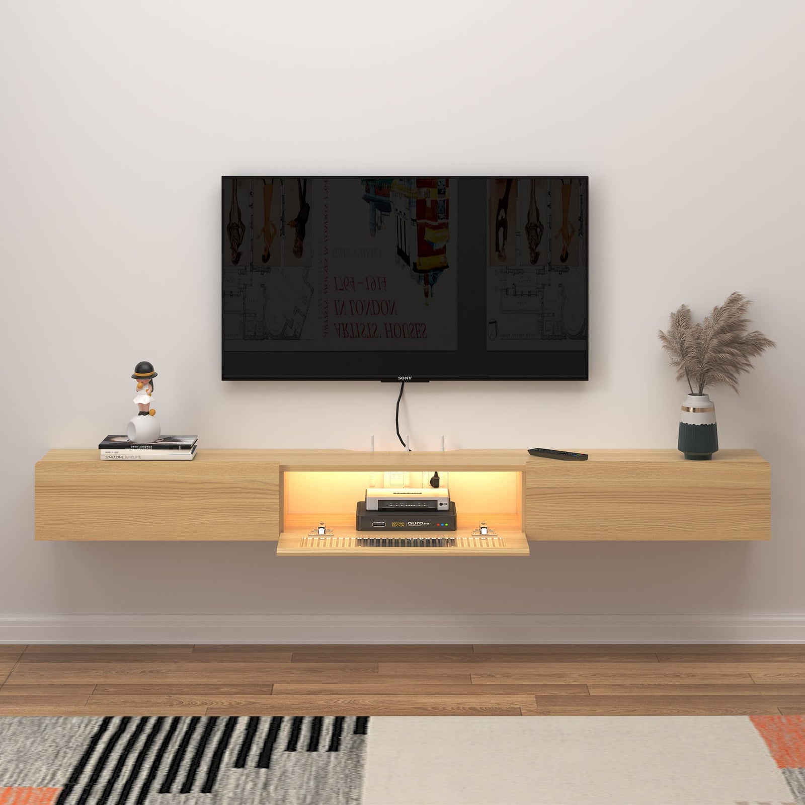 Modern Wood Floating TV Standwith LED Lights and Drawers for 65" TVs