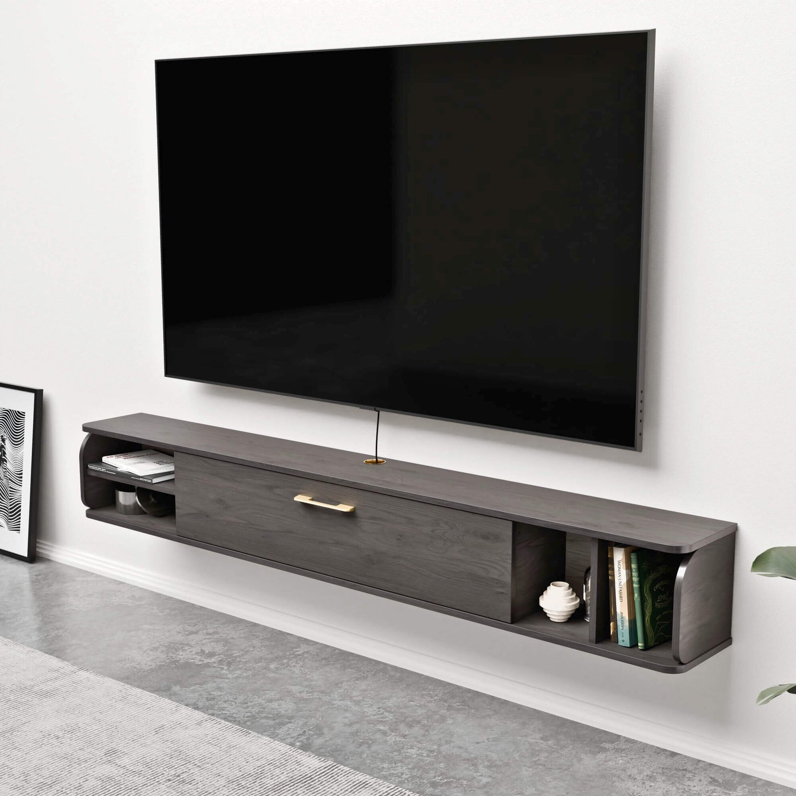 Rustic Wood Floating TV Stand with Gold Accent for 75" 80" Televisions ...