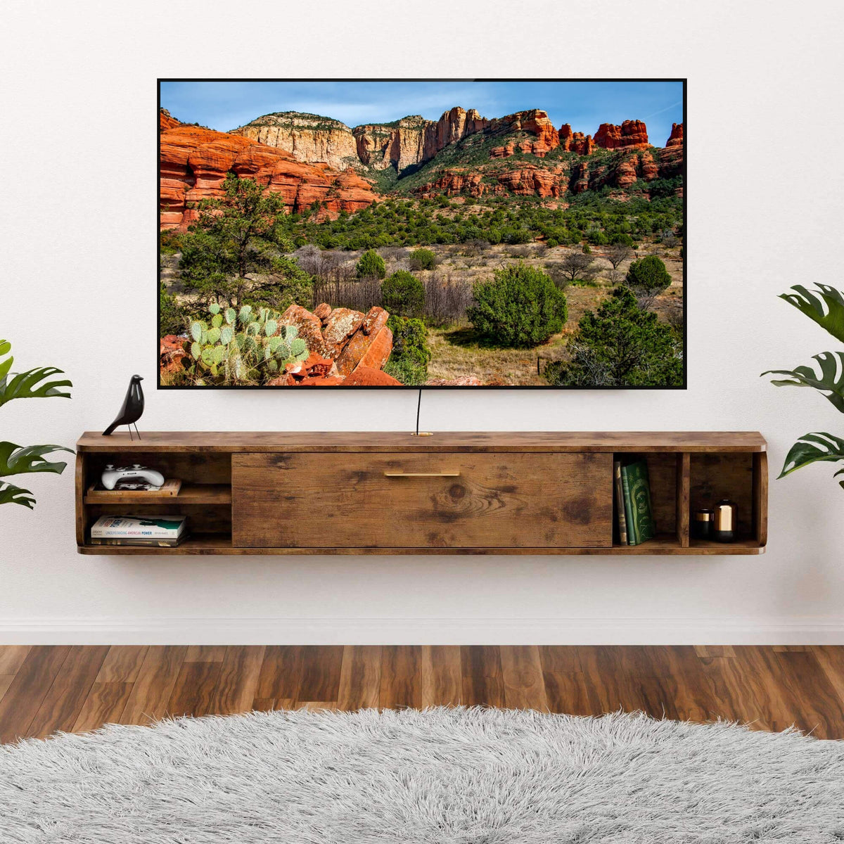 Rustic Brown Wood Floating TV Stand for 70" 75" TVs with with Gold Accent