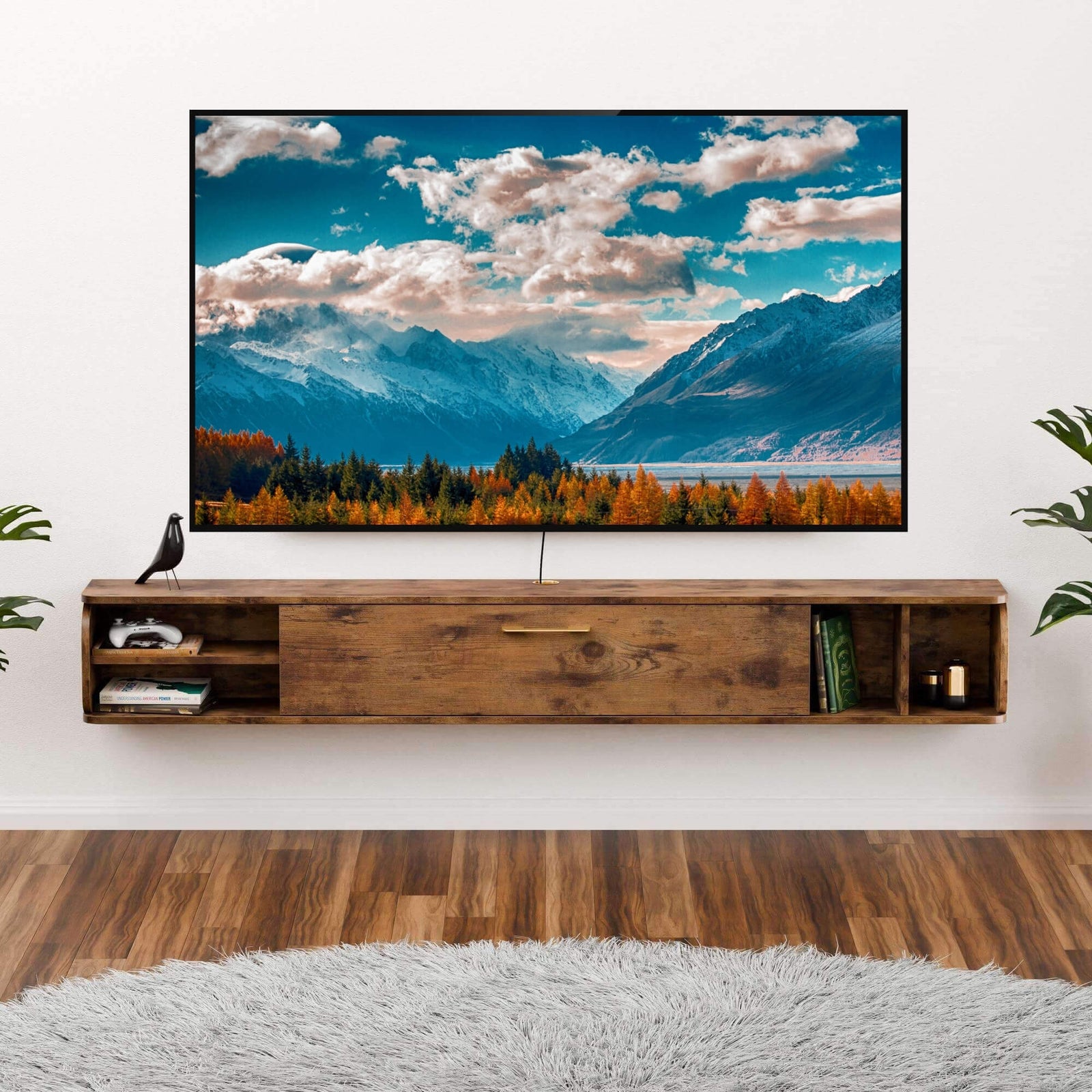 Narrow Wood Floating TV Stands, Wall Mounted Media Shelf