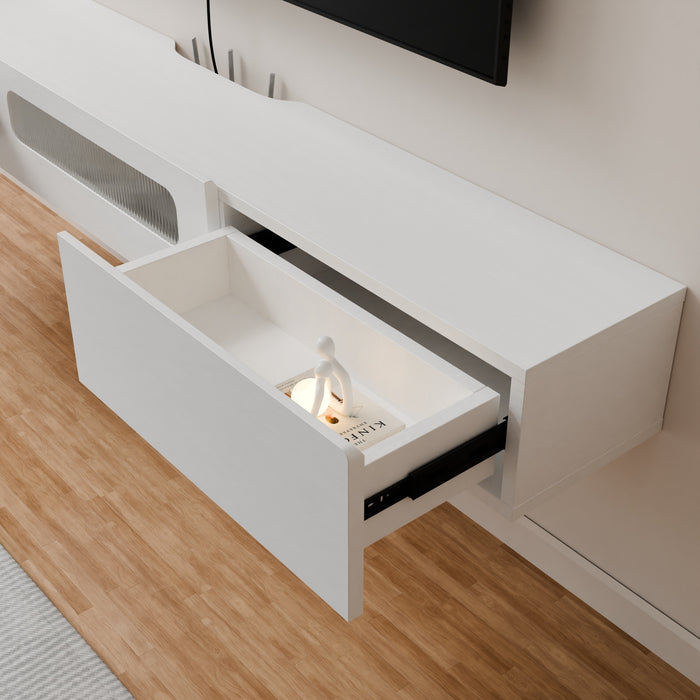 White Modern Floating TV Stand with LED Lights and Drawers for 65" TVs