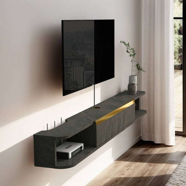 Wood Floating TV Stand Wall Shelf for 55" 60" TVs, Dark Grey with Golden