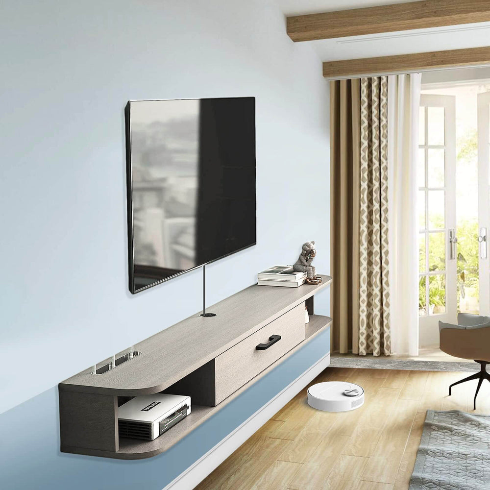 Light Grey Oak Slim Modern Plywood Floating TV Stand & Shelf for 55" 60 ...