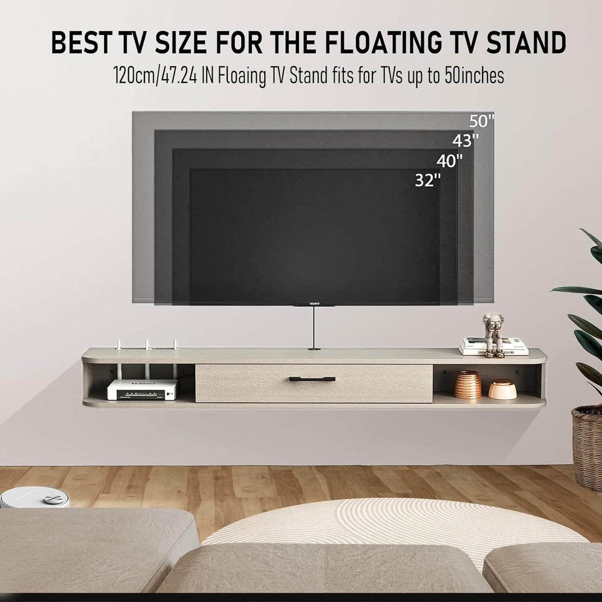 Grey Oak Plywood Slim Modern Floating TV Stand & Shelf for 32"-50" TVs