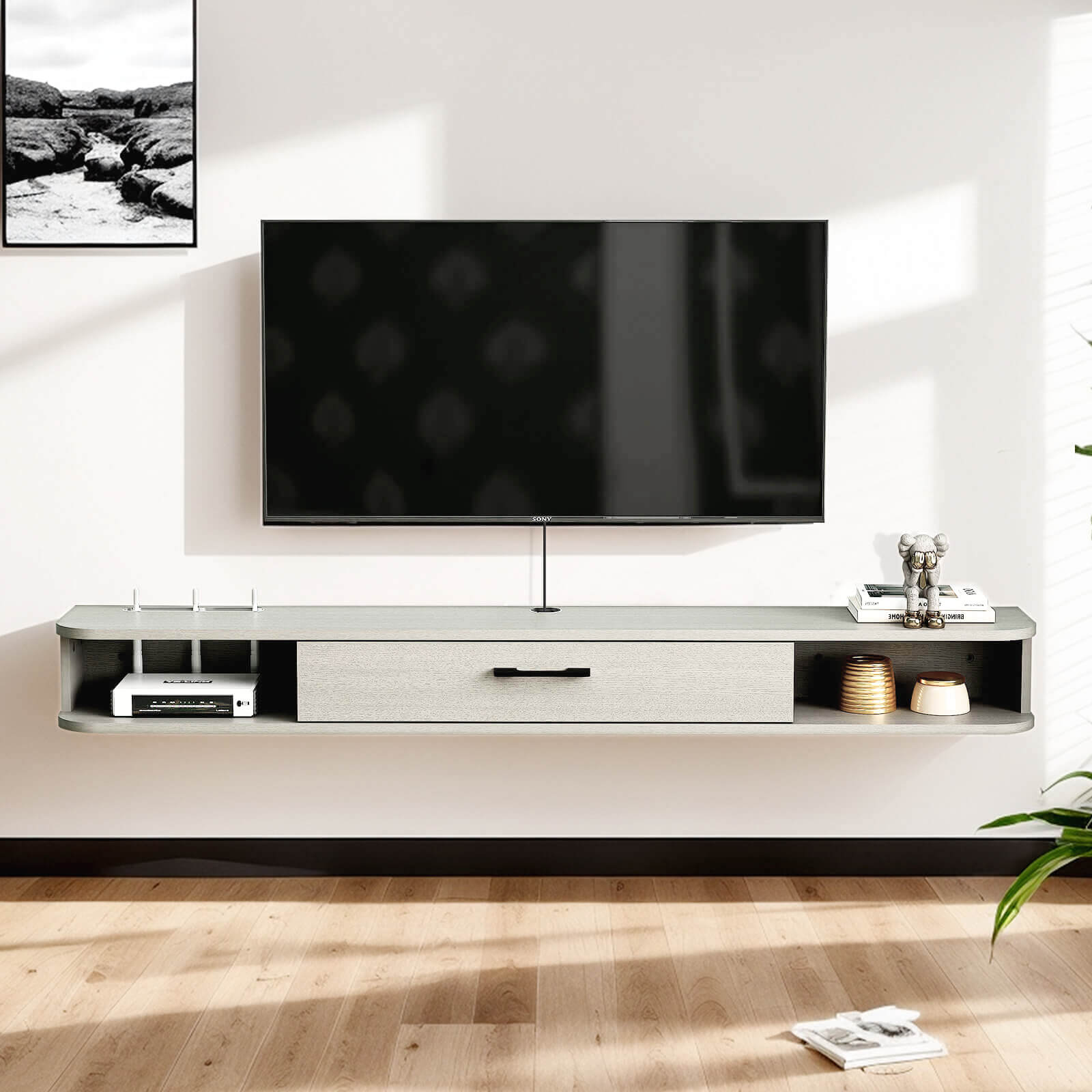 Grey Oak Plywood Slim Modern Floating TV Stand & Shelf for 32"-50" TVs