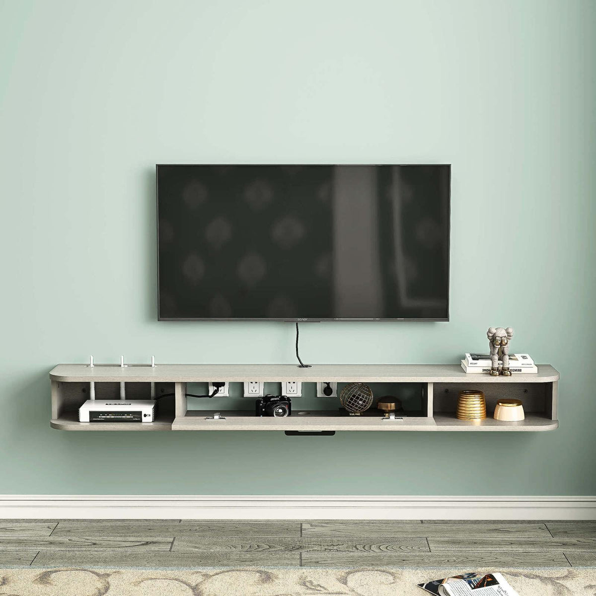 Light Grey Oak Plywood Slim Modern Floating TV Stand & Shelf for 85" TVs