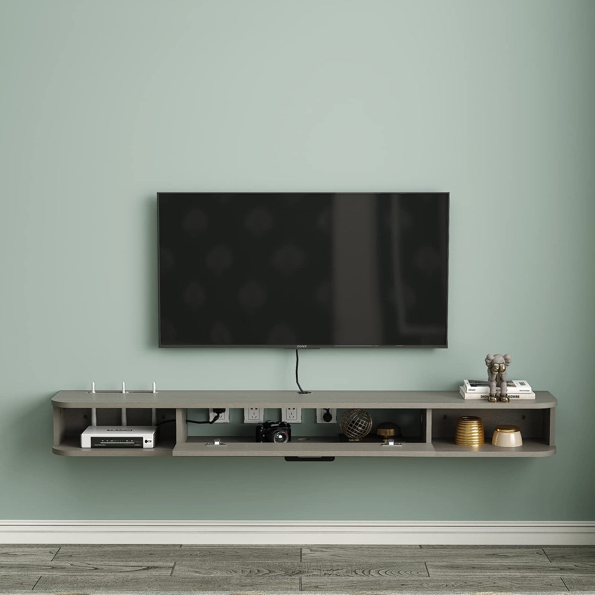 Light Grey Oak Plywood Slim Modern Floating TV Stand & Shelf