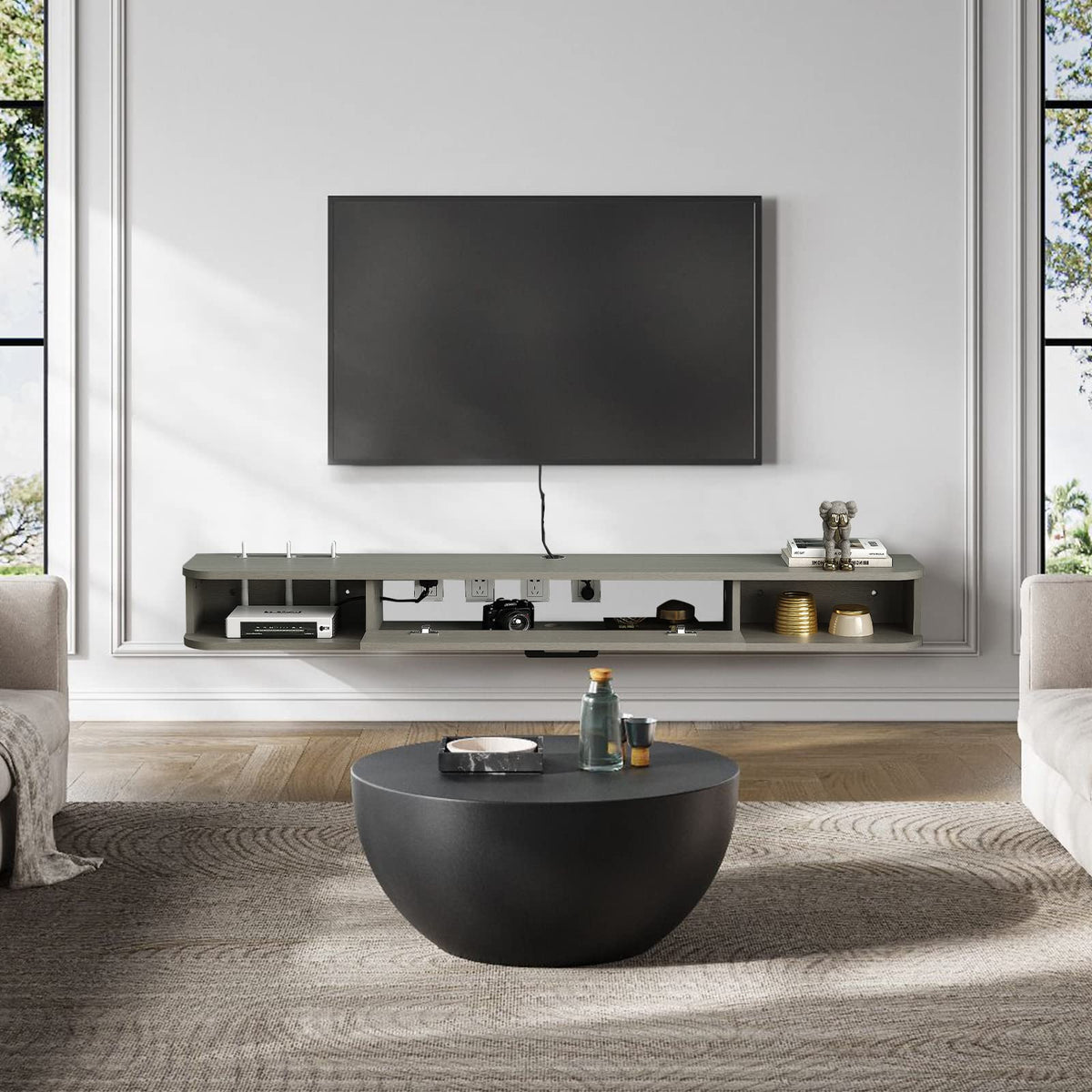 Light Grey Oak Plywood Slim Modern Floating TV Stand & Shelf