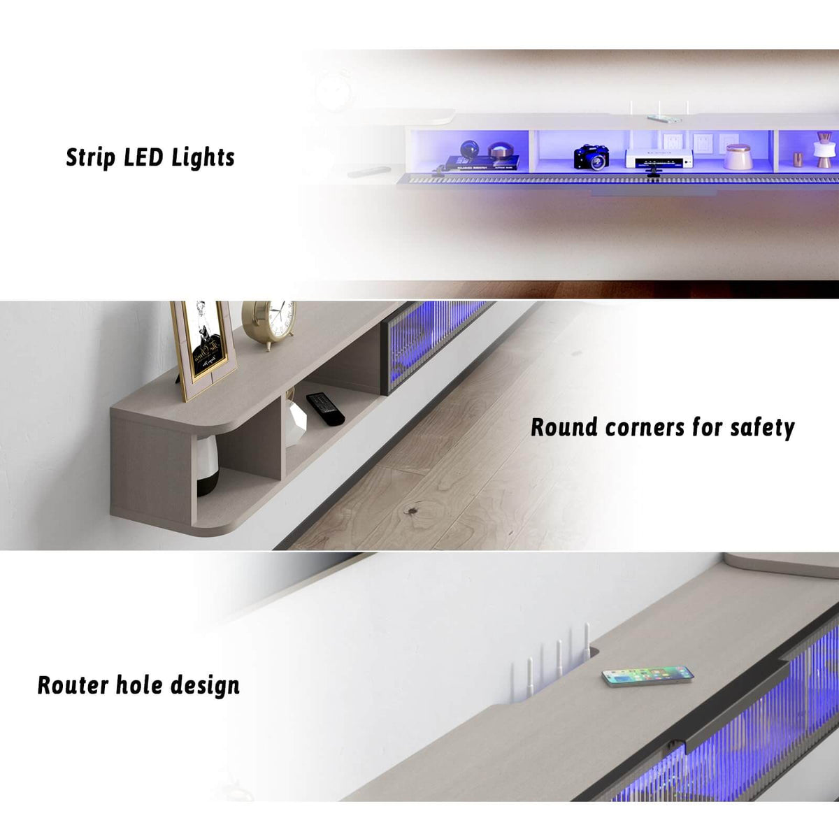 Grey Retractable Floating TV Stand with LED Lights for 90-100 Inch TVs