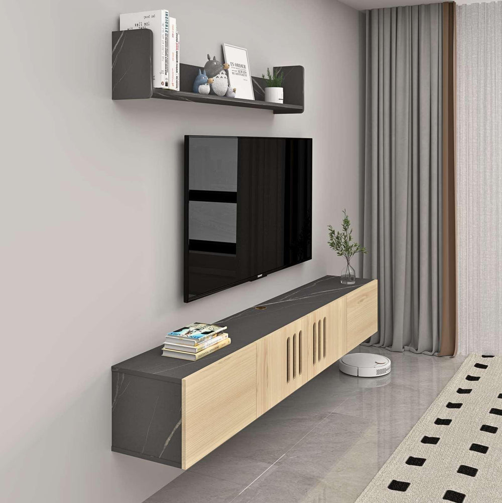 Wood Floating TV Stand for 80" TVs with Above Shelf and Slatted Door