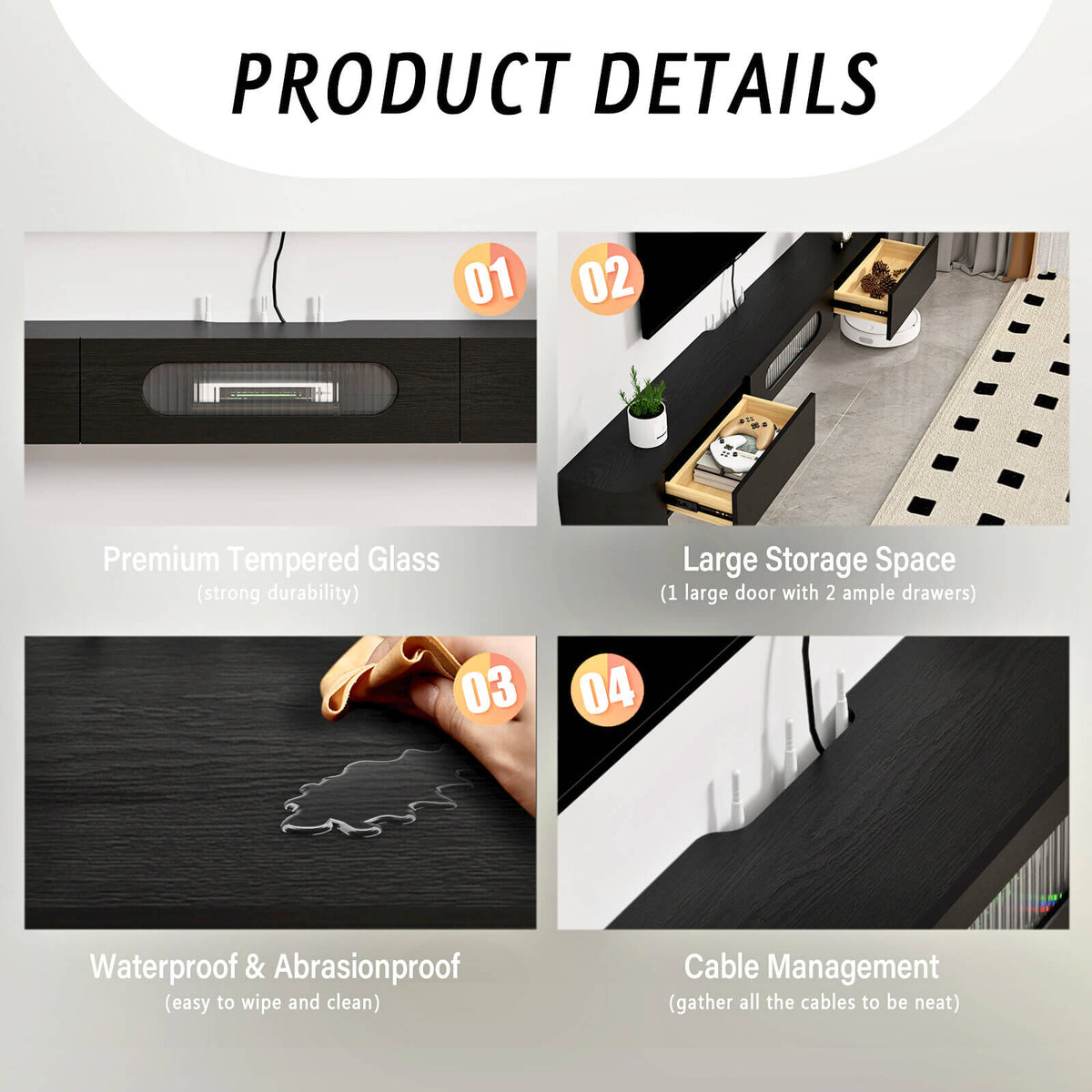 Narrow Black Solid Wood Floating TV Stand for 70 75 IN TV with Drawer