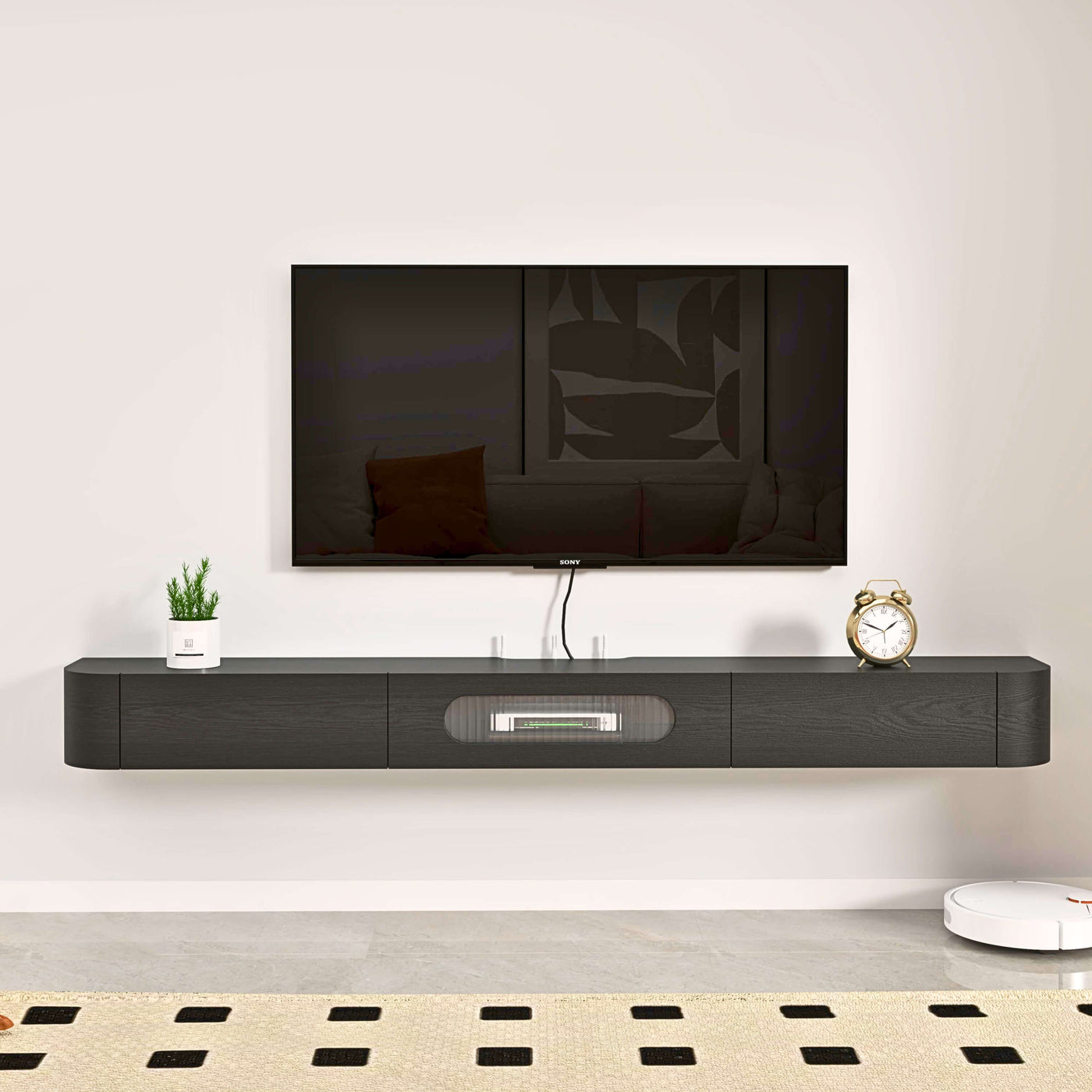 Black Solid Wood Narrow Minimalist Floating TV Stand for 75" 80" TV