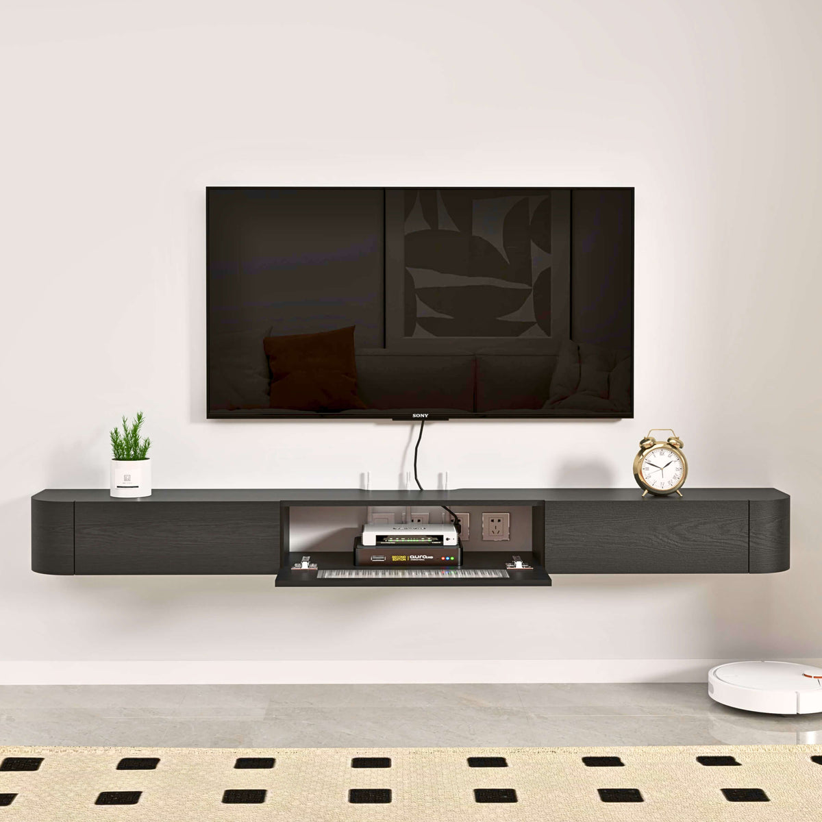 Black Solid Wood Narrow Minimalist Floating TV Stand for 75" 80" TV
