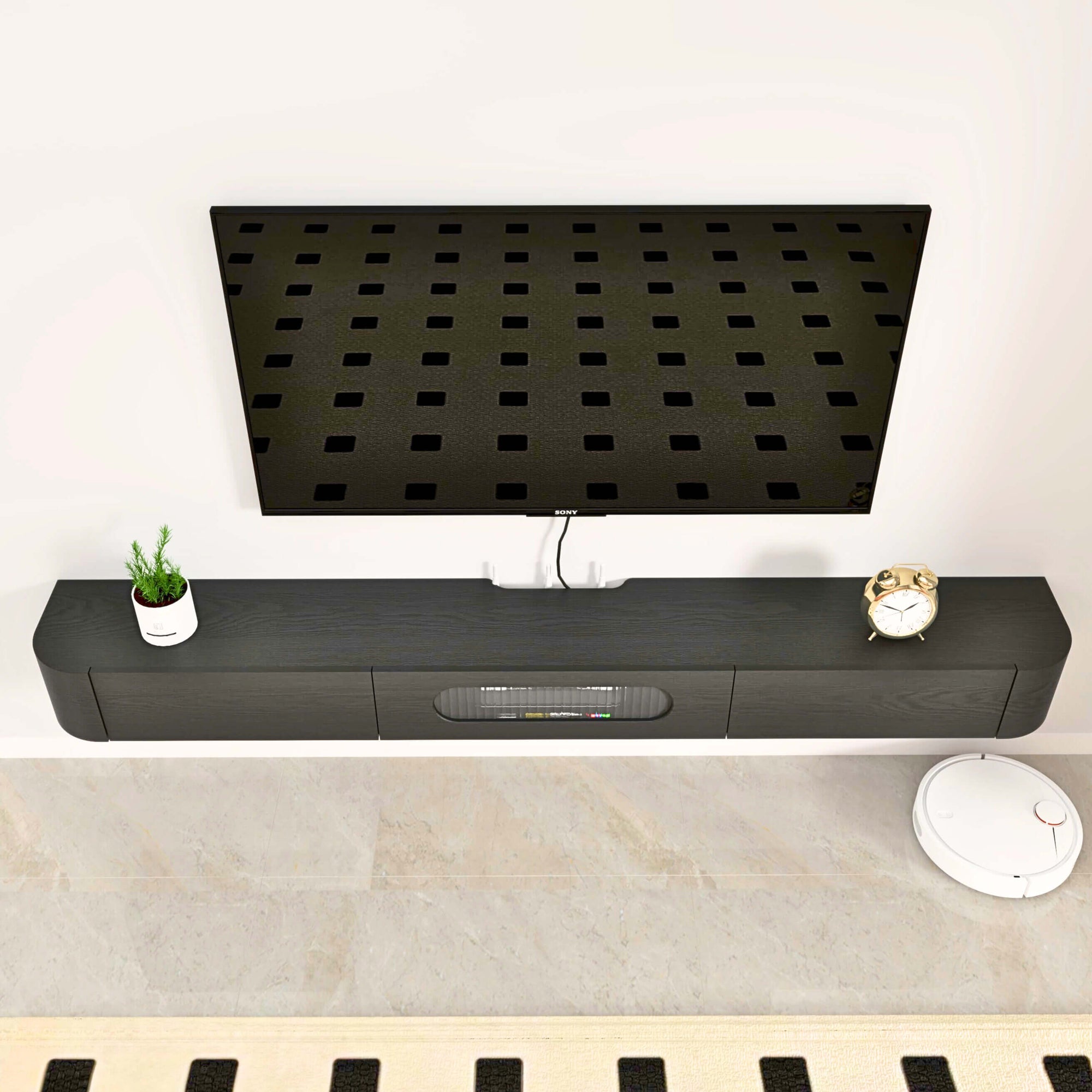 Black Solid Wood Narrow Minimalist Floating TV Stand for 75" 80" TV