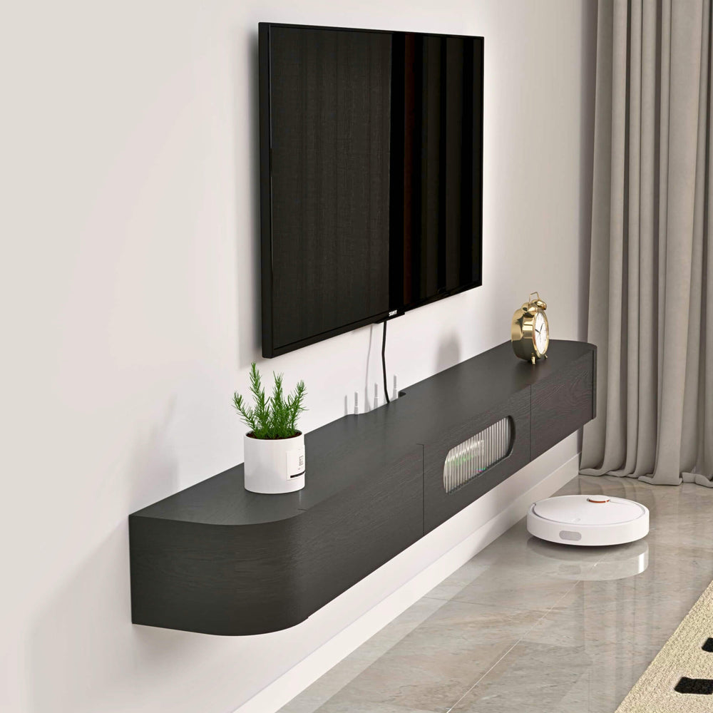 Black Solid Wood Narrow Minimalist Floating TV Stand for 75" 80" TV