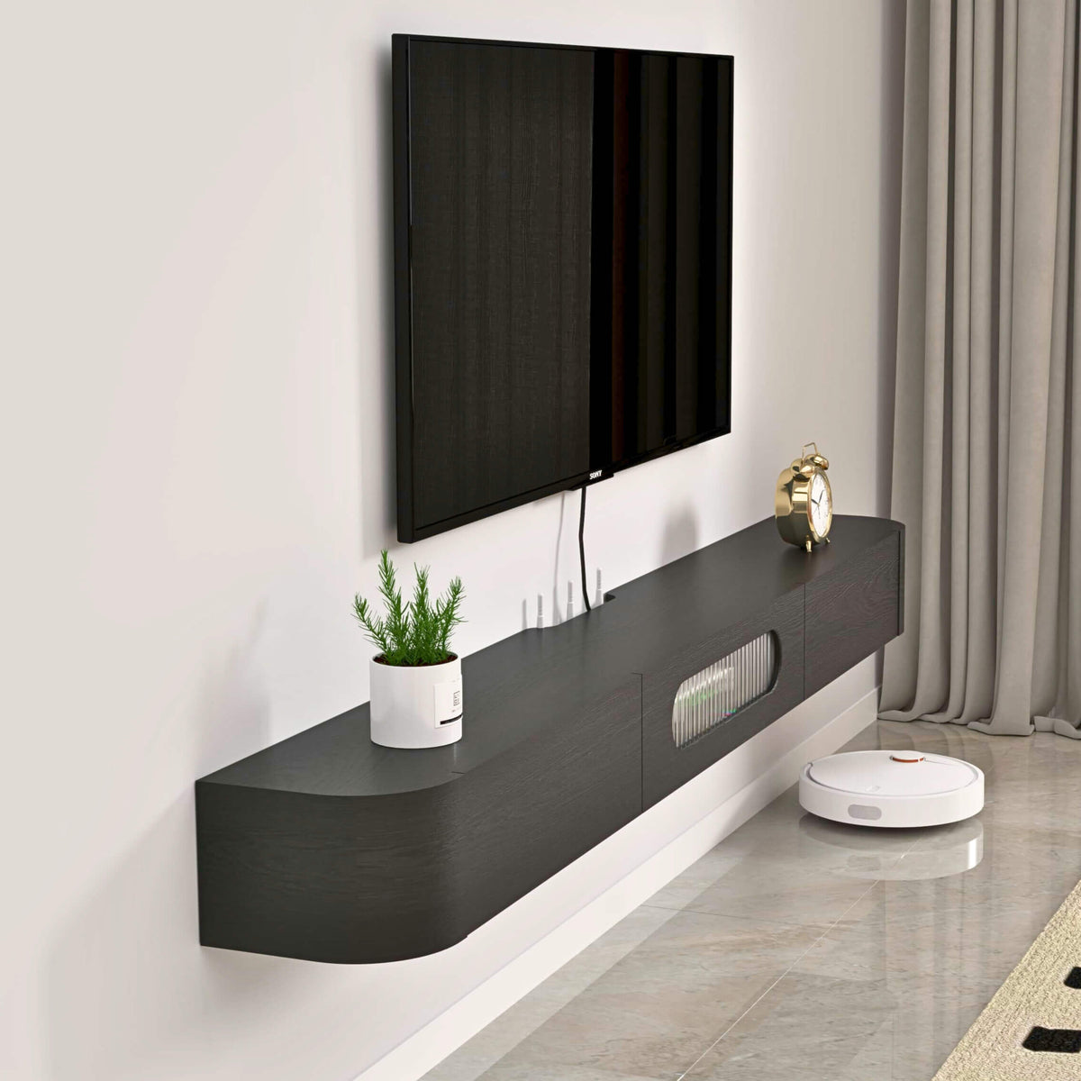 Black Solid Wood Narrow Minimalist Floating TV Stand for 75" 80" TV