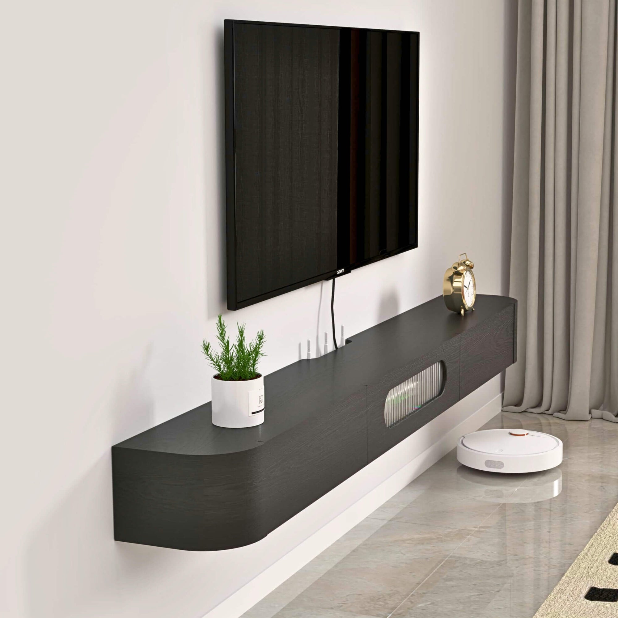 Narrow Black Solid Wood Floating TV Stand for 70 75 IN TV with Drawer
