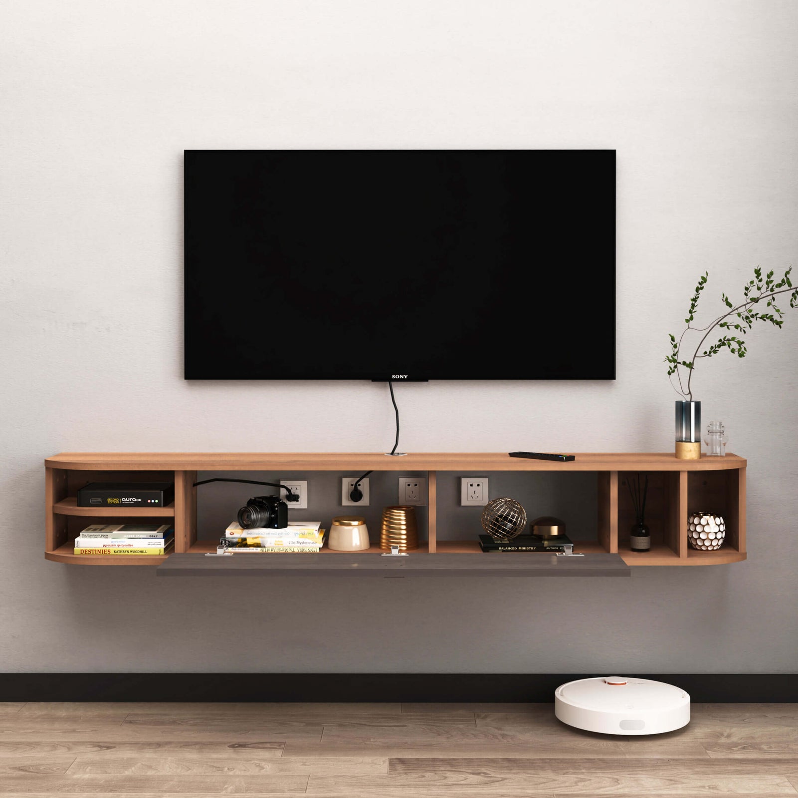 Walnut Modern Wood Floating TV Stand with Cubbies for 65" 70" TVs